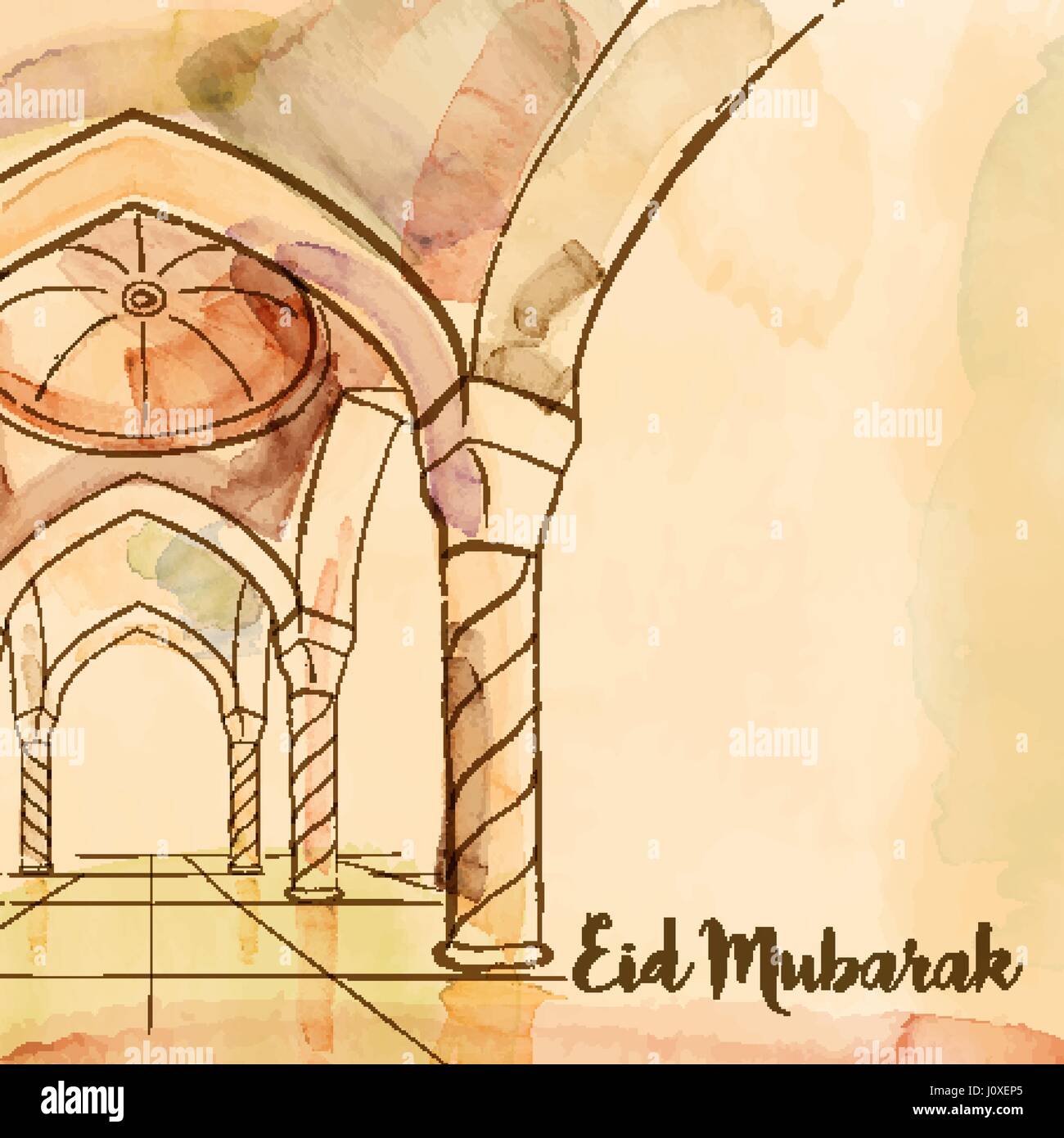 Eid Mubarak islamic greeting background vector mosque watercolor sketch ...