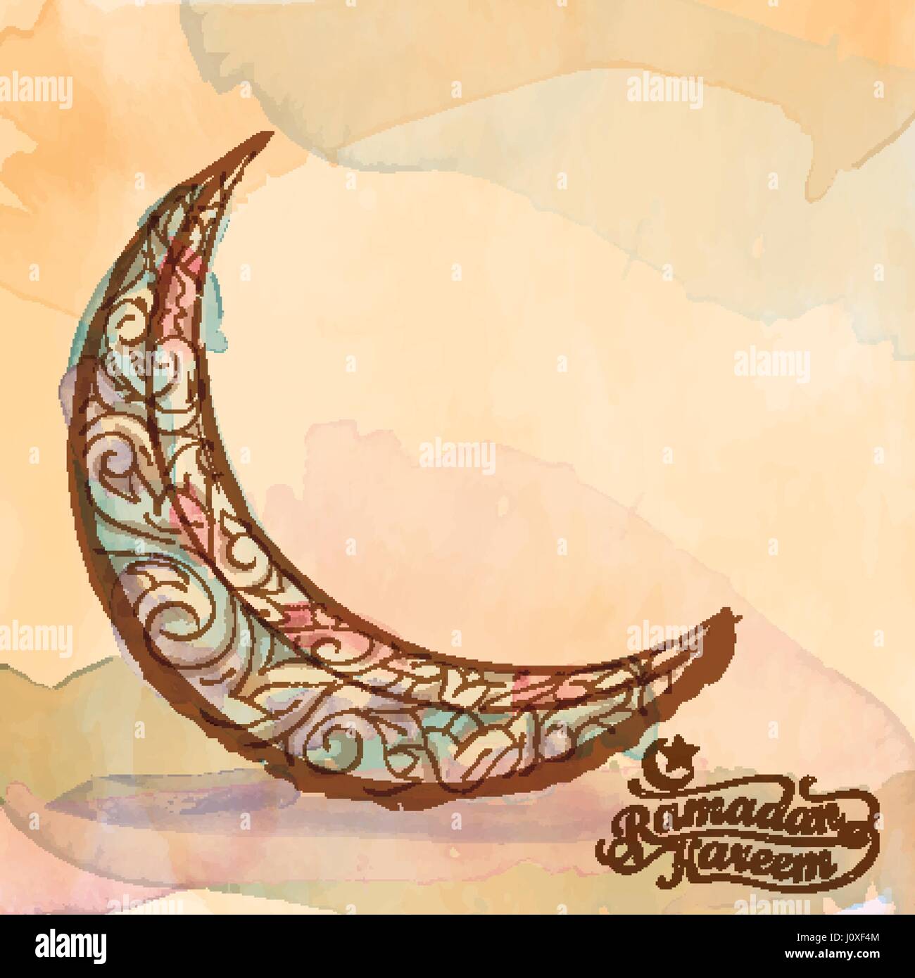 Islamic icon crescent watercolor ornament sketch for Ramadan Kareem ...