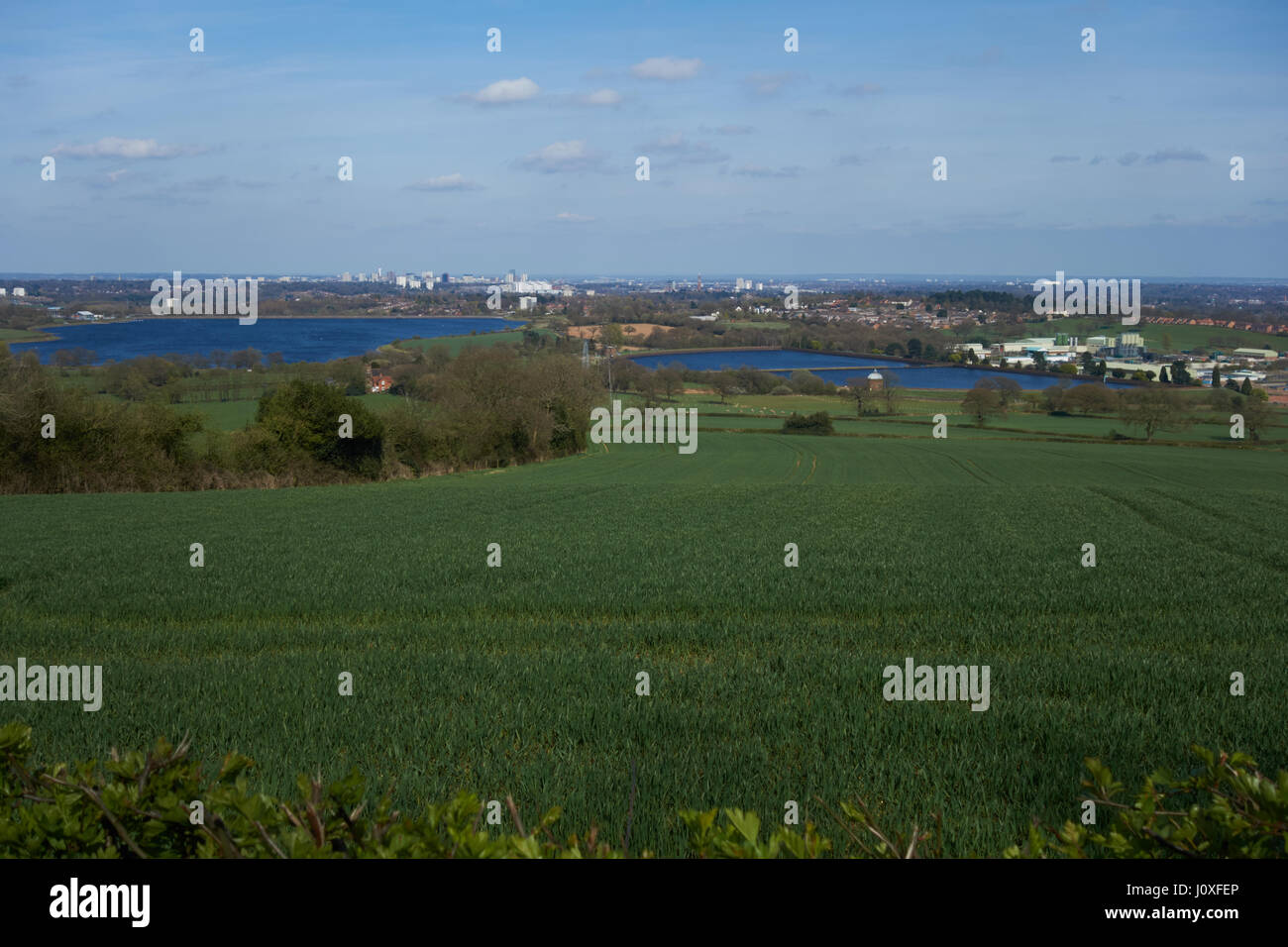 Frankley and Bartley Reservoirs views across fields near Birmingham. UK ...