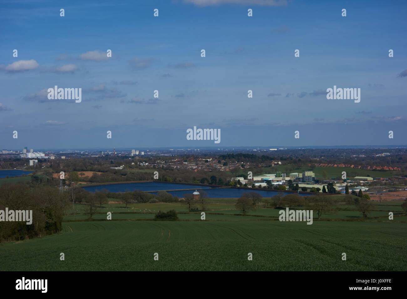 Frankley and Bartley Reservoirs views across fields near Birmingham. UK ...