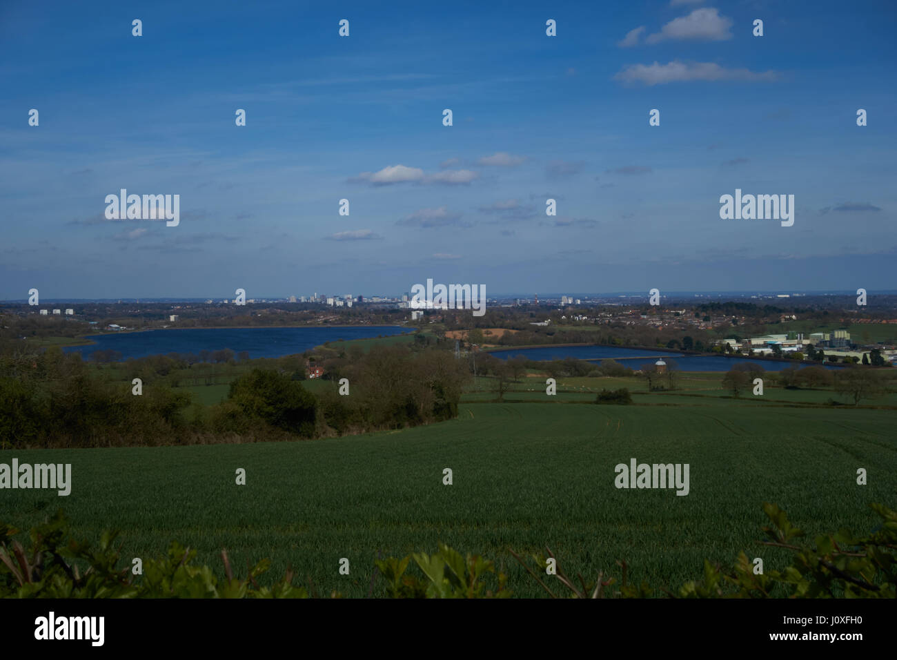 Frankley and Bartley Reservoirs views across fields near Birmingham. UK ...