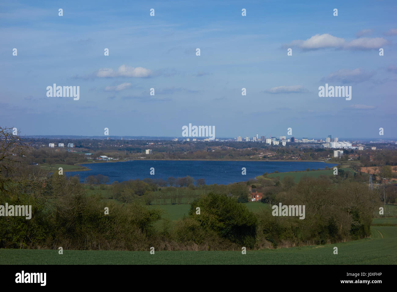 Frankley and Bartley Reservoirs views across fields near Birmingham. UK ...