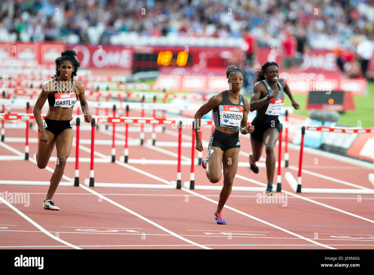 Kendra Harrison of the USA winning the Women's 100m Hurdles Heat 2 at the London, UK, IAAF ...
