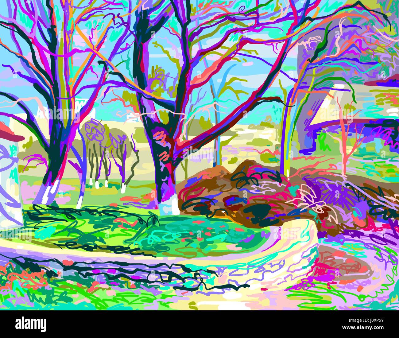 Village landscape paintings Stock Vector Images - Alamy
