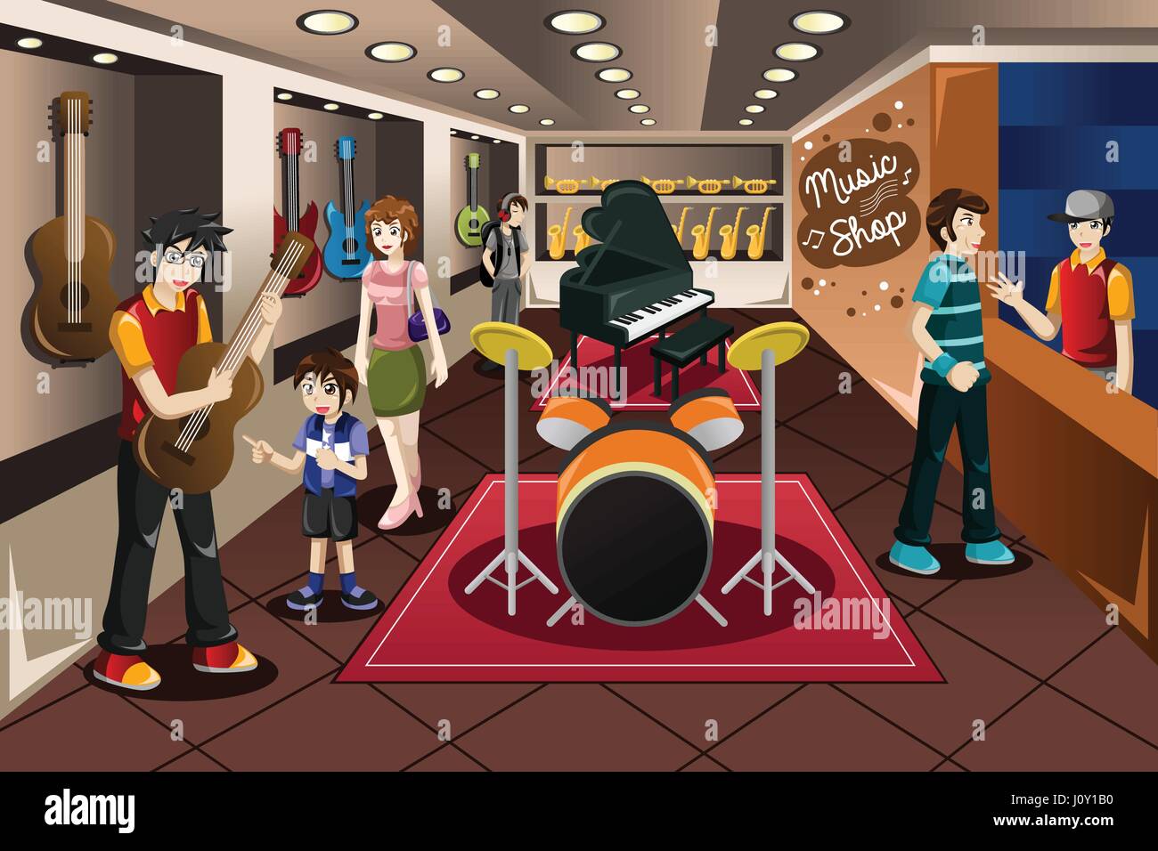 A vector illustration of parents with their kid buying musical ...