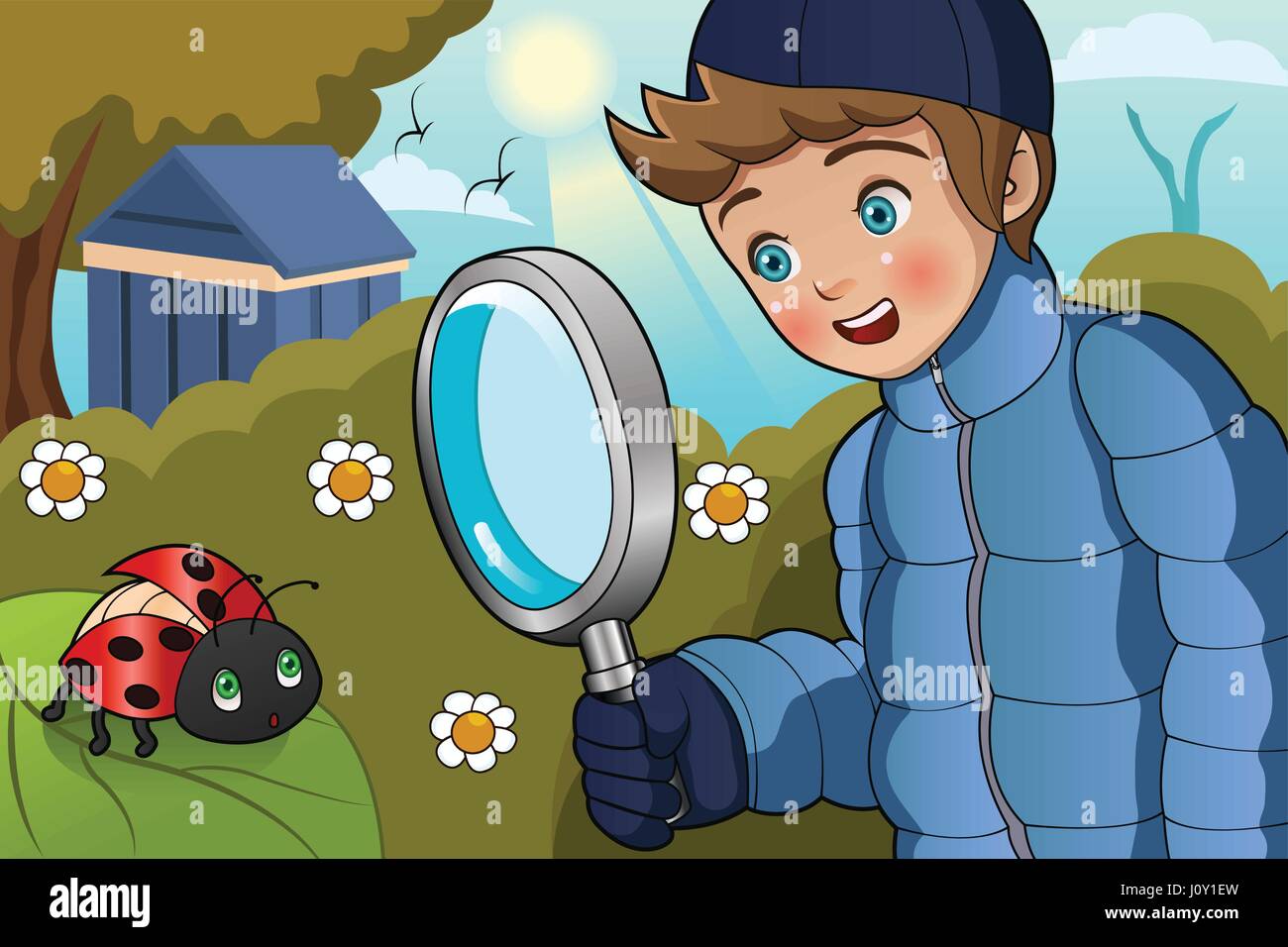 A vector illustration of cute boy looking at ladybug on a leaf using a ...
