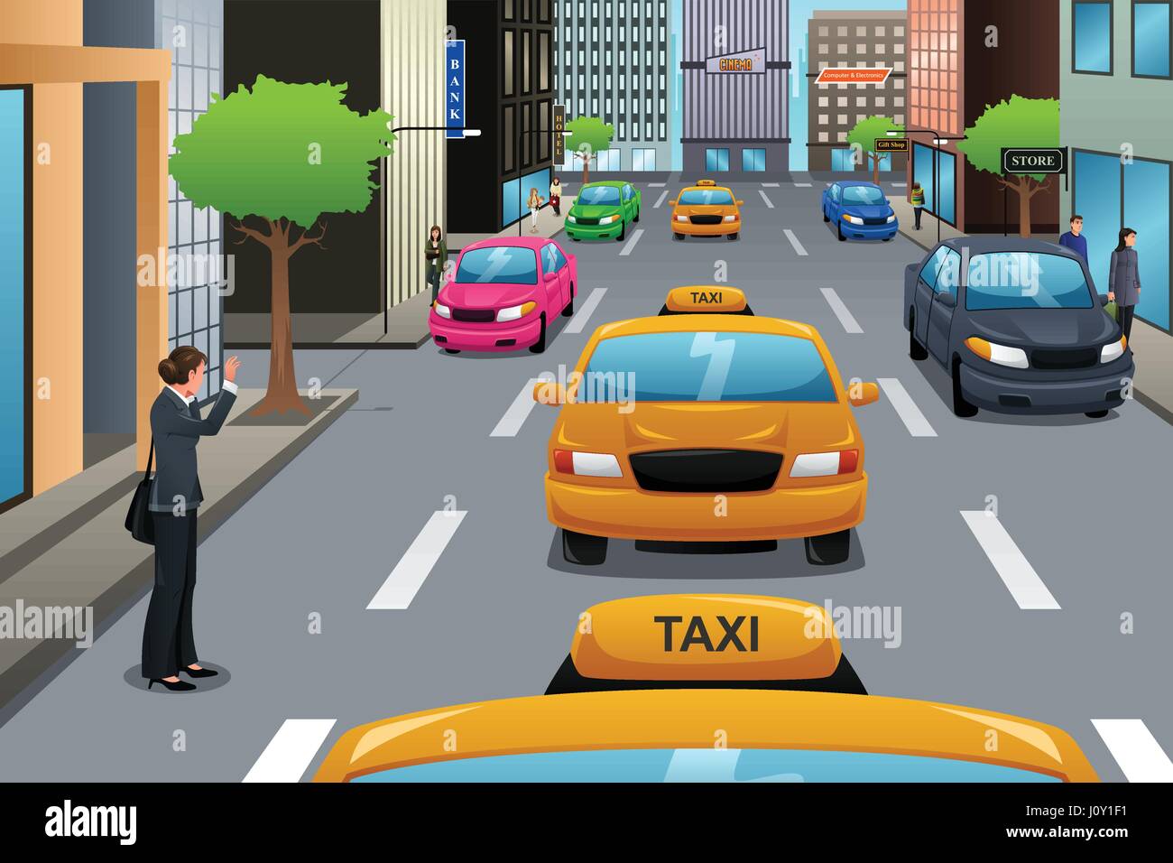 A vector illustration of businesswoman waiting for taxi in the city ...