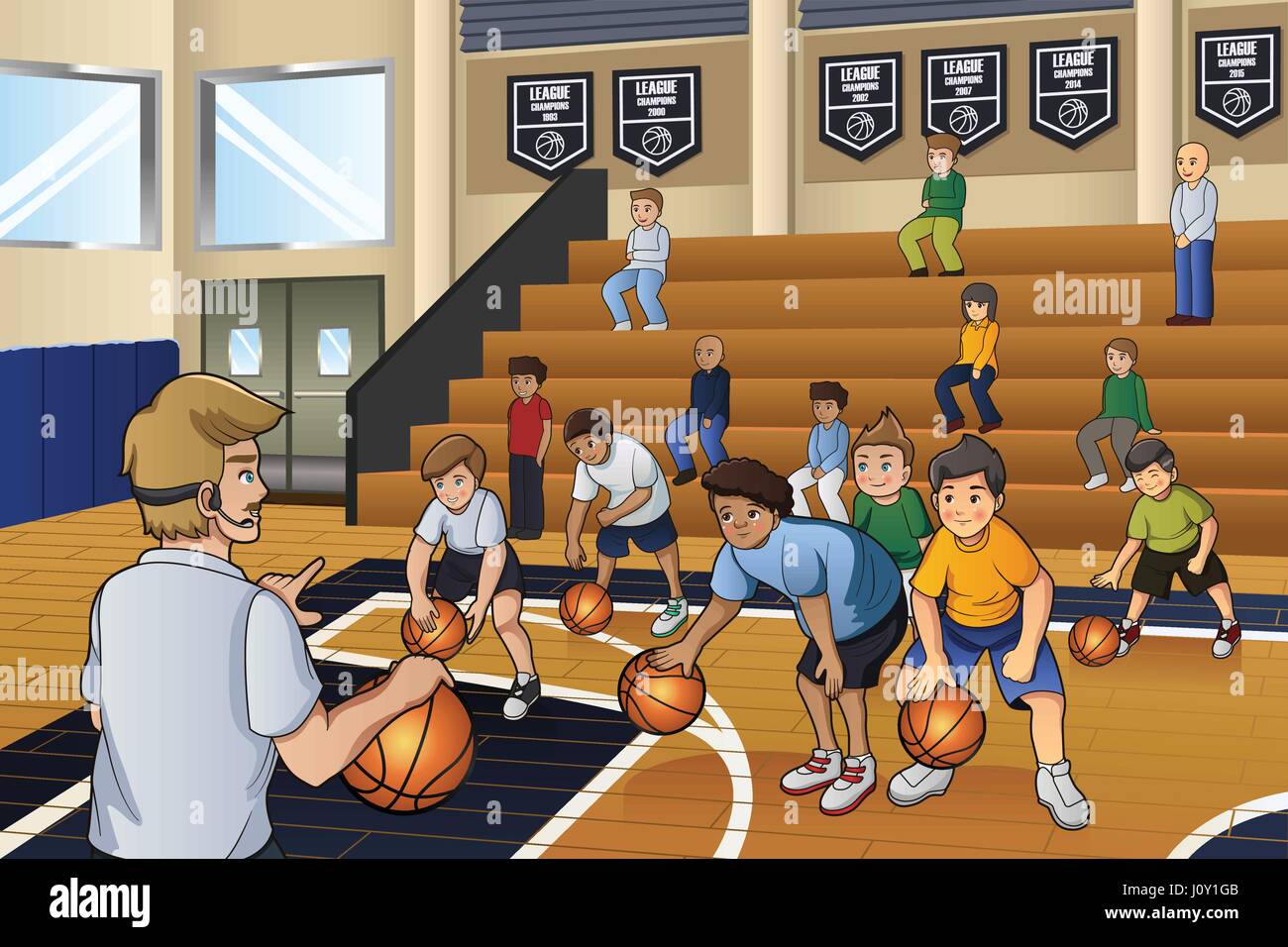 A vector illustration of kids practicing basketball indoor Stock Vector ...