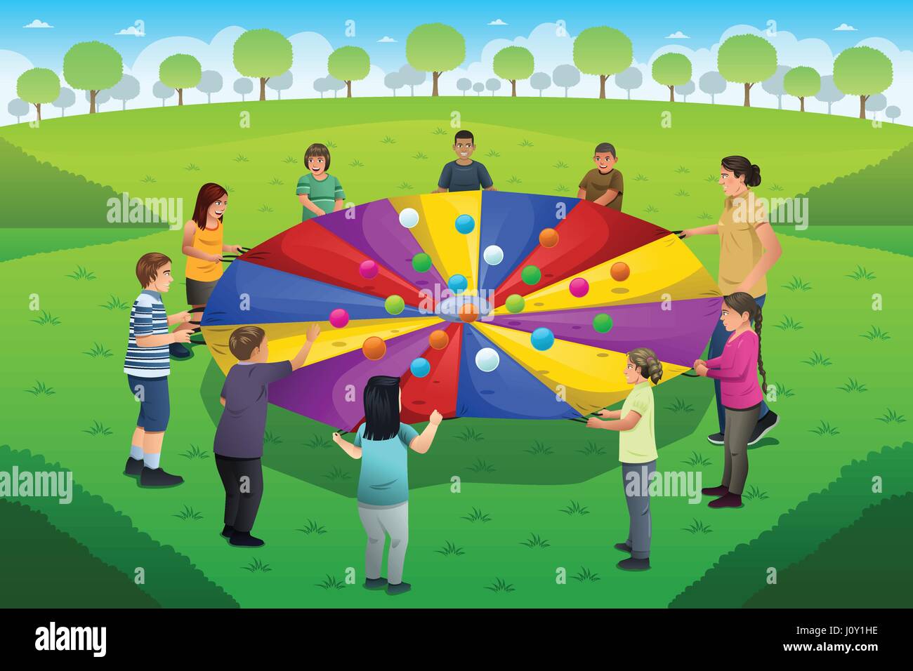 A vector illustration of teacher playing rainbow parachute together ...