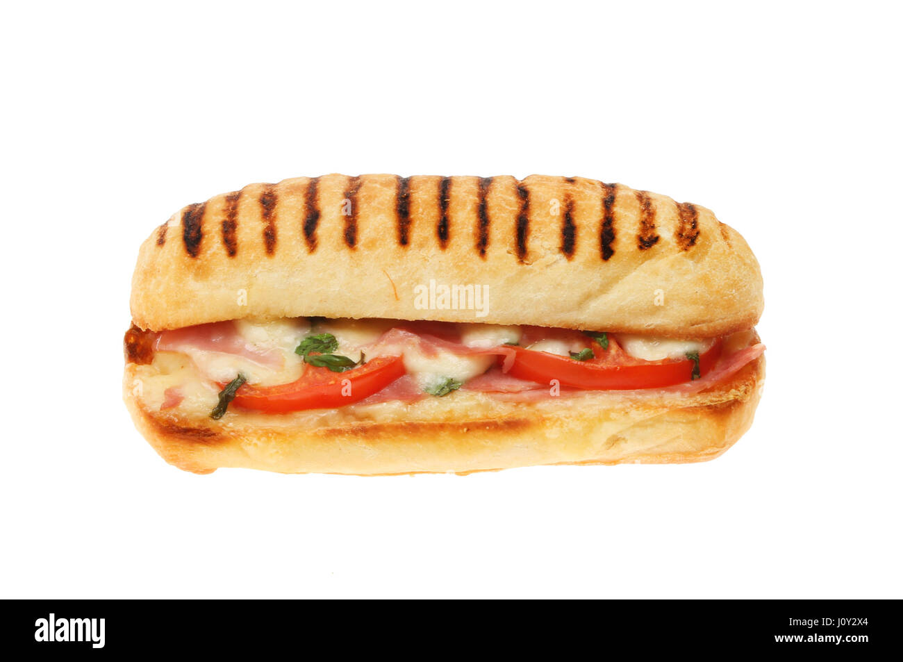 Cheese, ham, tomato and basil Panini isolated against white Stock Photo ...