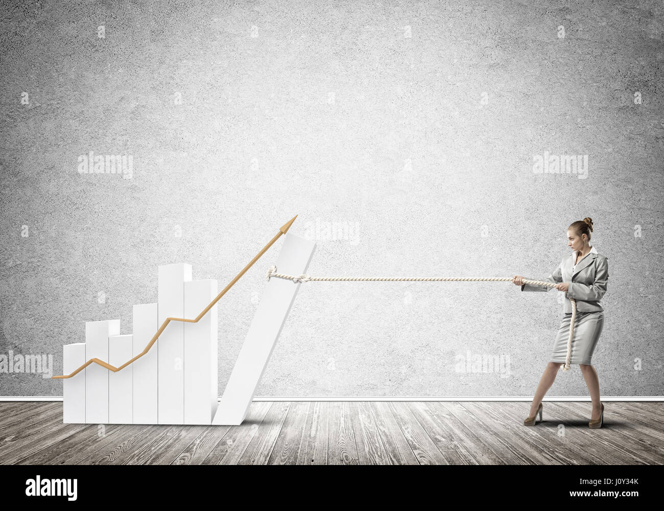 Businesswoman pulling graph with rope as symbol of power and control ...