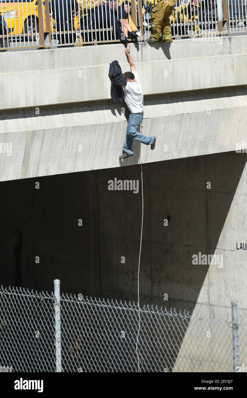 LAPD firefighters try to rescue a man threatening to jump from the ...