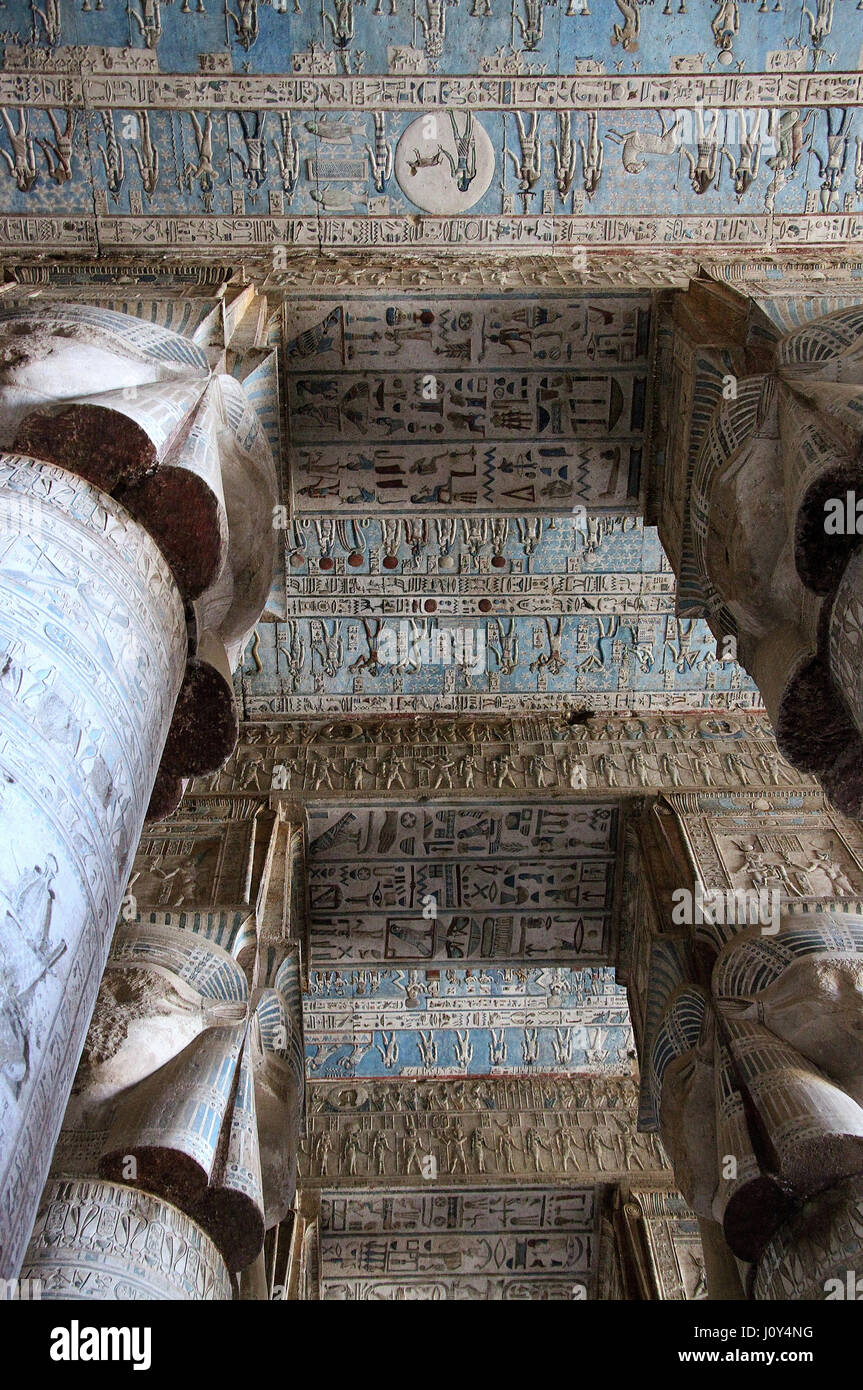 Ancient Egyptian artwork on the ceiling of the Temple of Hathor at ...