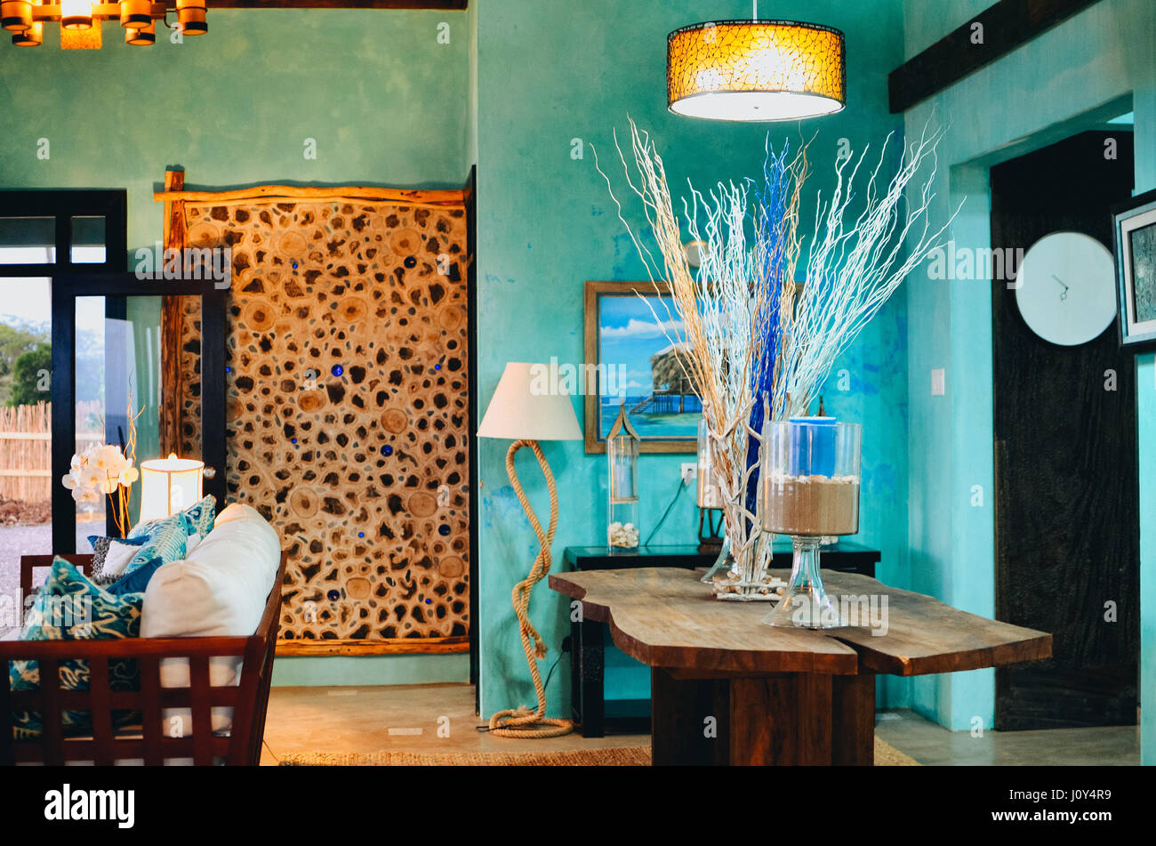 Colorful interior of a house. It's bright inside with blue walls Stock ...