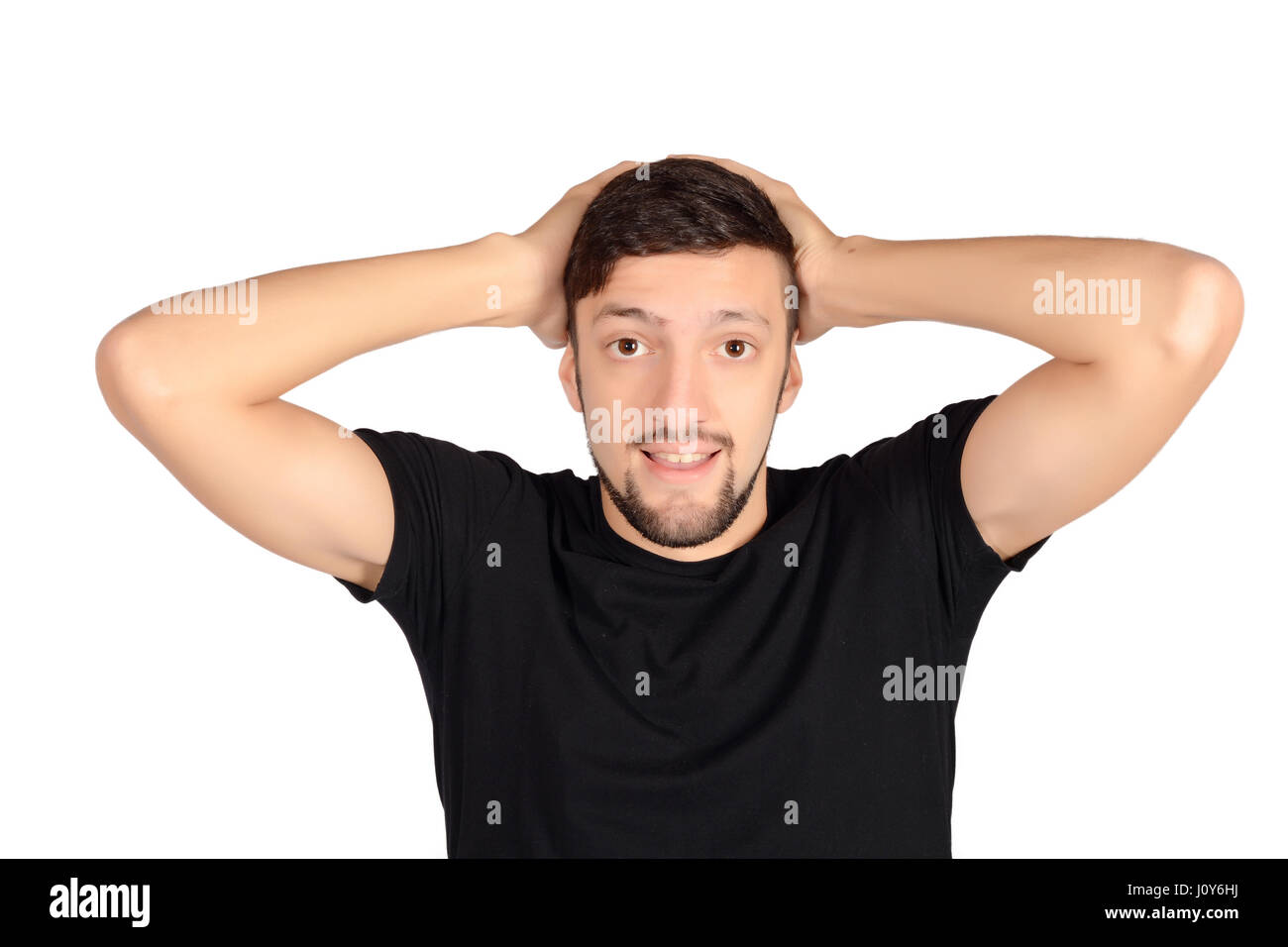 Portrait of a young man worried. Isolated white background Stock Photo ...