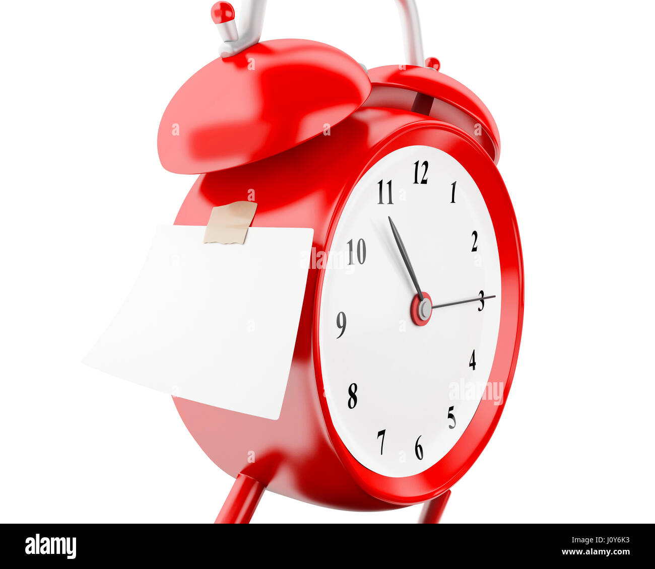 3d illustration. Alarm clock with empty sticky paper. Reminder concept ...