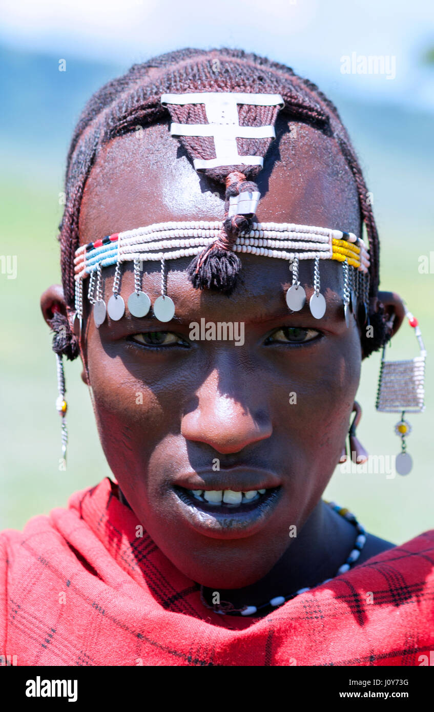 Portrait of a Young East Africa Tanzanian Maasai Warrior in Tribal Head ...