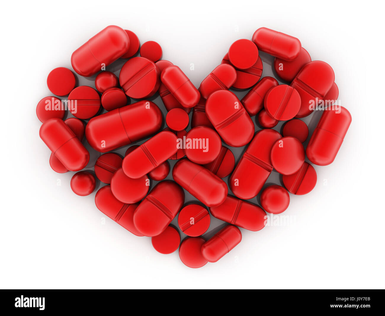 Many tablets and vitamins in shape red heart on white background. 3d ...