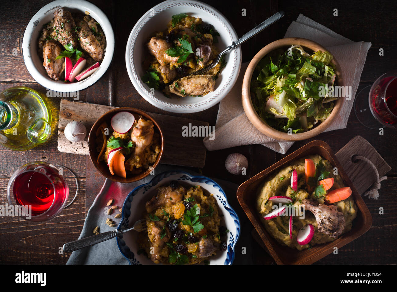Pilaf, Salad in bowls on the holiday table top view horizontal Stock ...