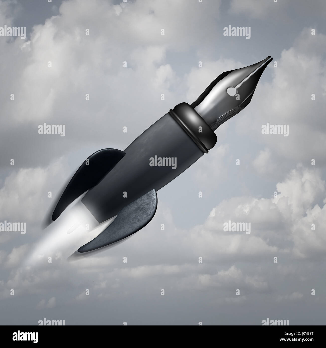 Creative power concept as a pen nib shaped as a fast launched rocket as ...