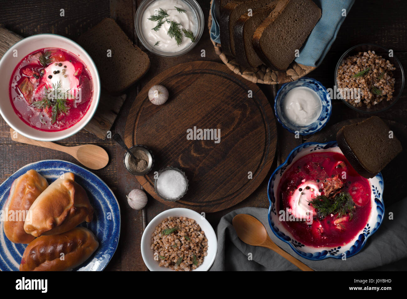 Traditional Russian dishes on the wooden table horizontal Stock Photo ...