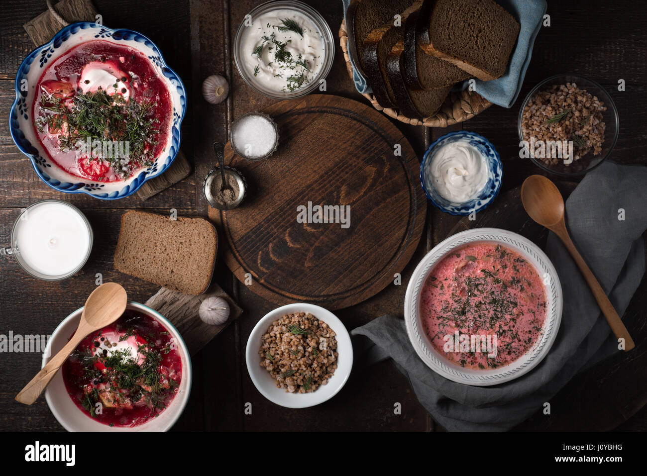 Dishes of traditional Russian cuisine on the wooden table horizontal ...