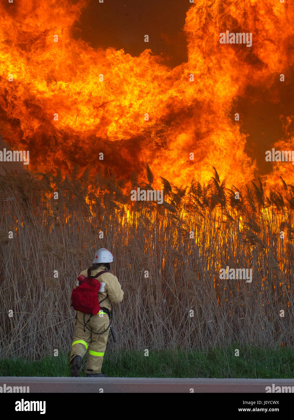 The brave fireman extinguishes a huge fire Stock Photo - Alamy