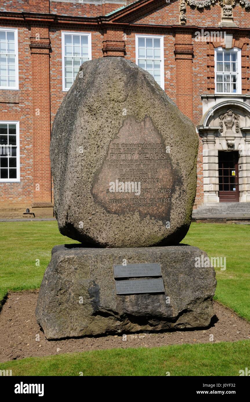 Stone erected at Rothamsted Reaearch, Harpenden, Hertfordshire, to ...