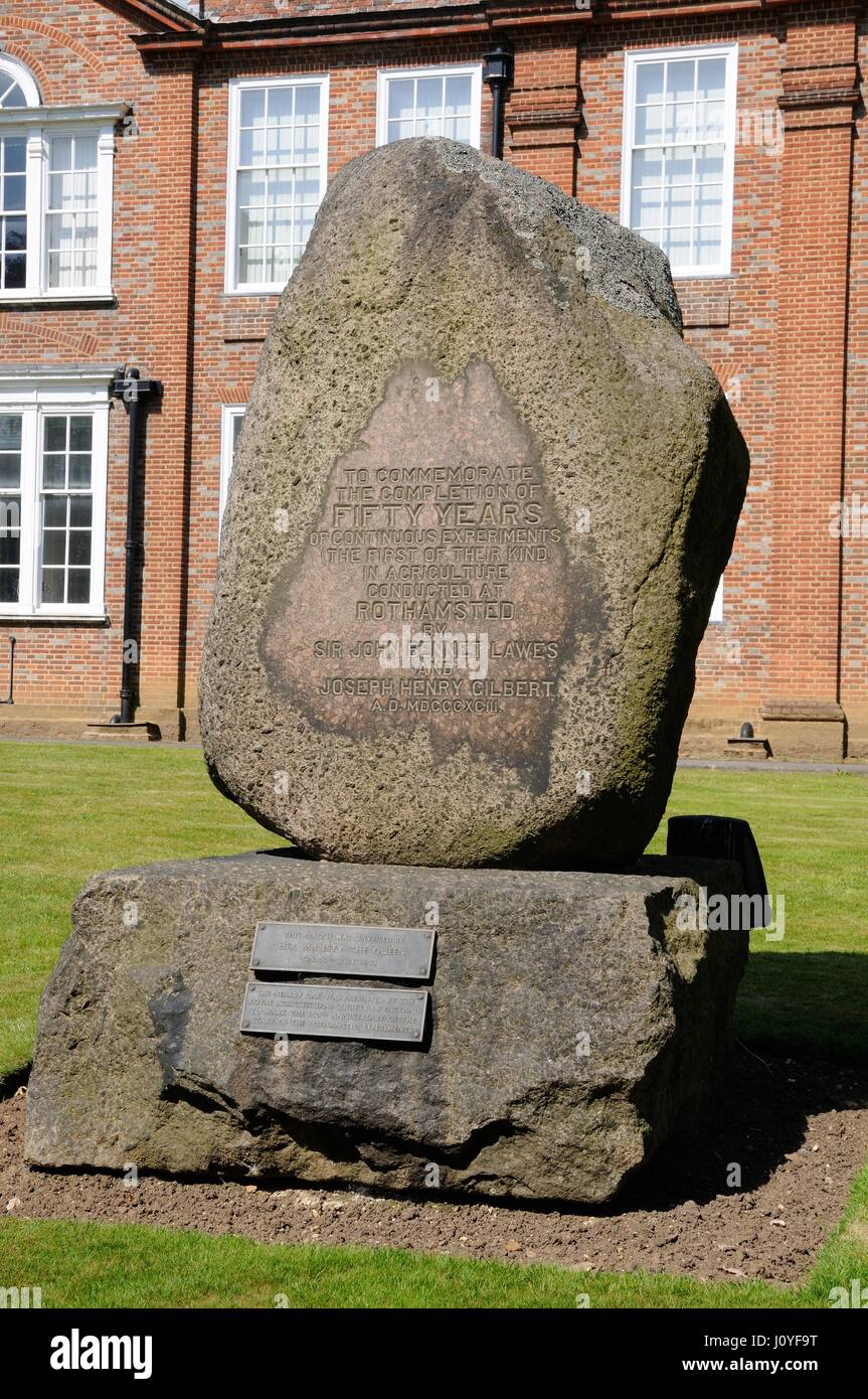 Stone erected at Rothamsted Reaearch, Harpenden, Hertfordshire, to ...