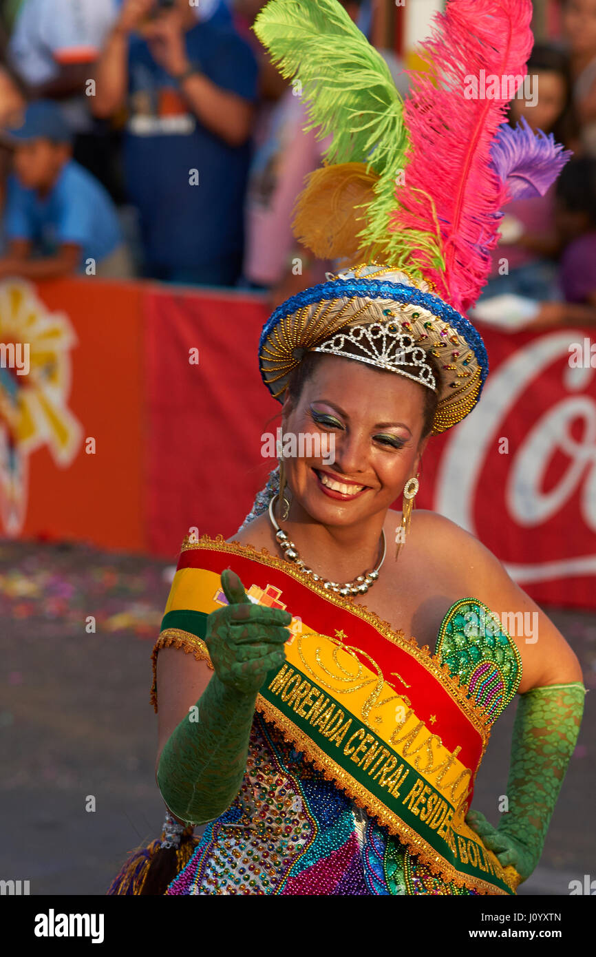 Morenada dance group in traditional Andean costume performing at the ...