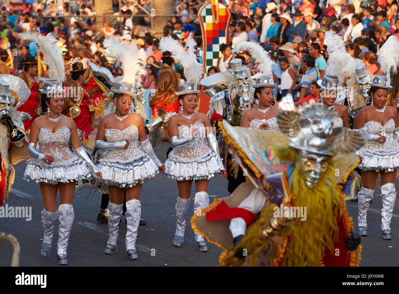 Morenada dance group in traditional Andean costume performing at the ...