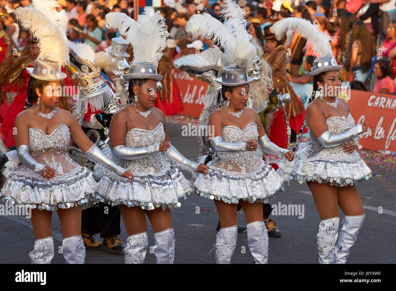 Morenada dance group in traditional Andean costume performing at the ...