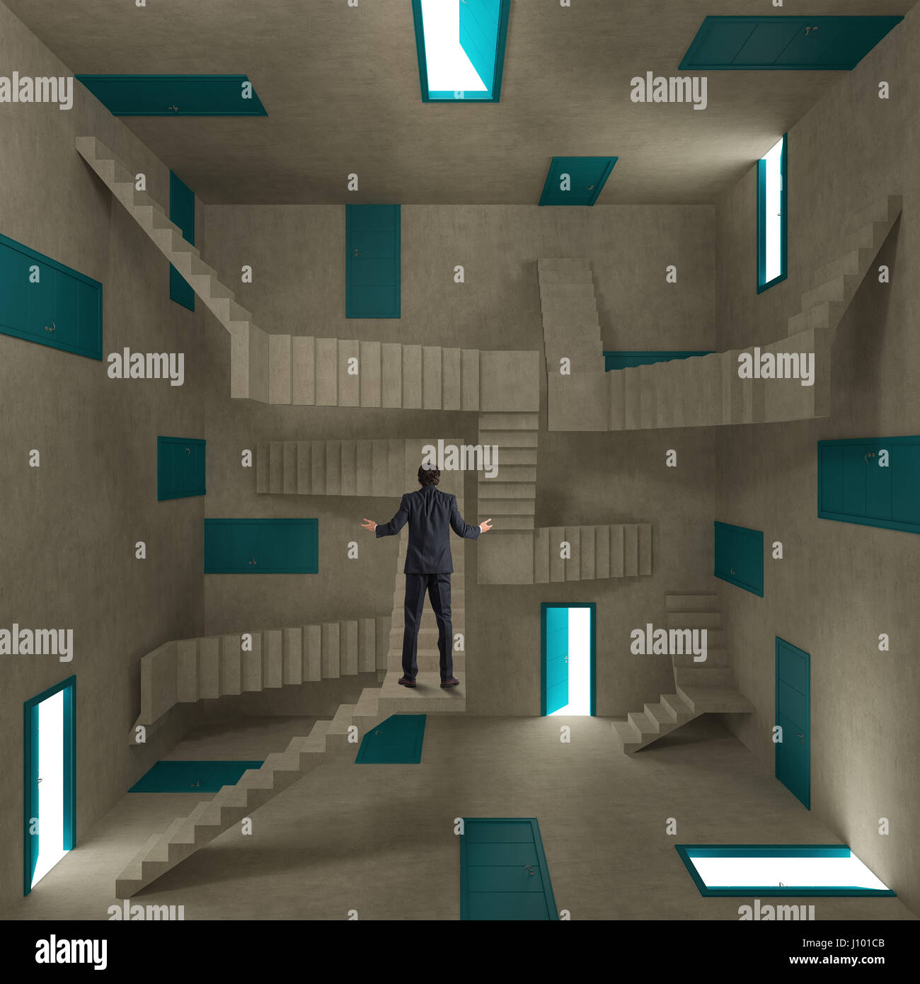 Confused businessman in a room full of doors and stairs Stock Photo - Alamy