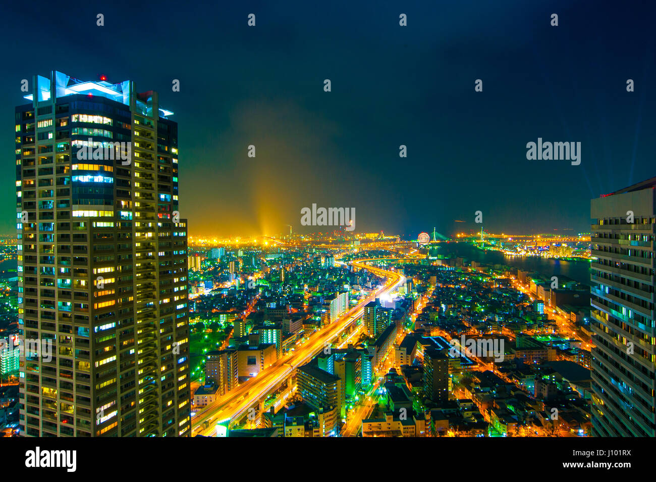 The image of the night city from the height of a bird's flight.A view ...