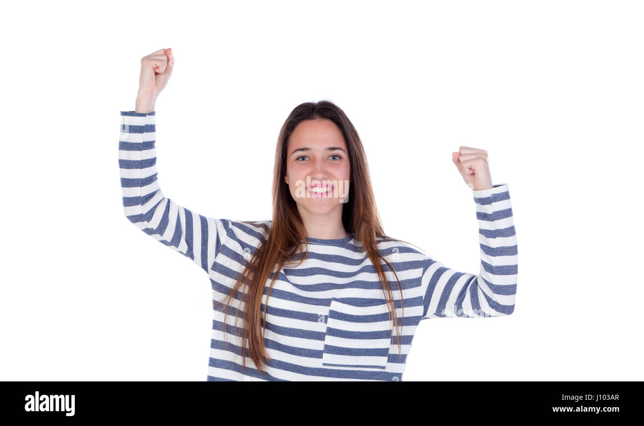 Happy teenager girl celebrating something leaving her arms isolated on ...