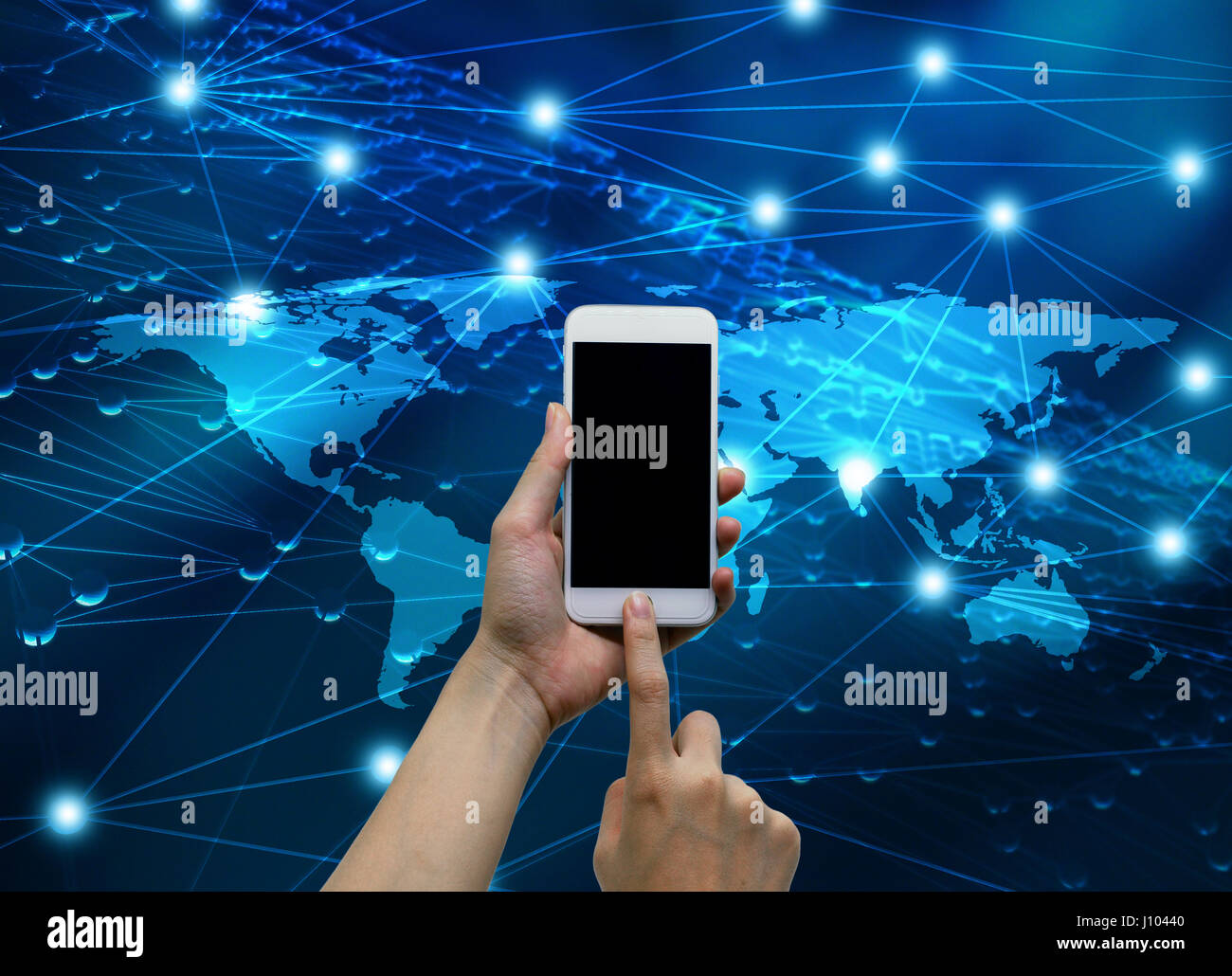 Hands touching smartphone with internet connected lines and global map ...