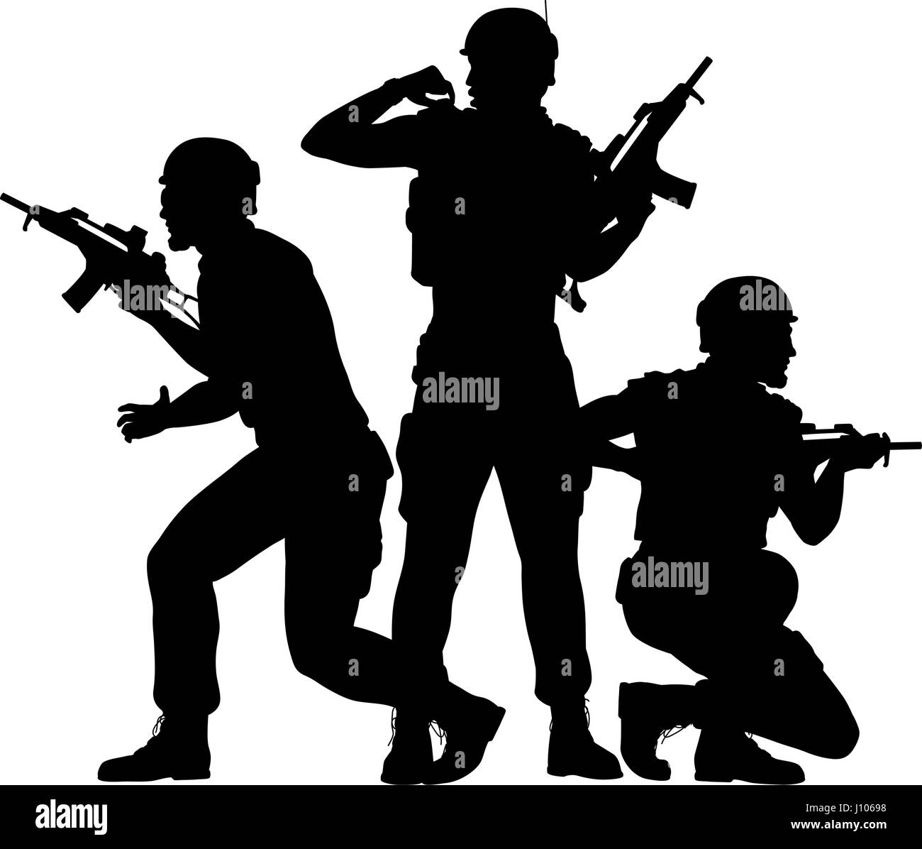 Editable vector silhouettes of three soldiers fighting as a team with ...
