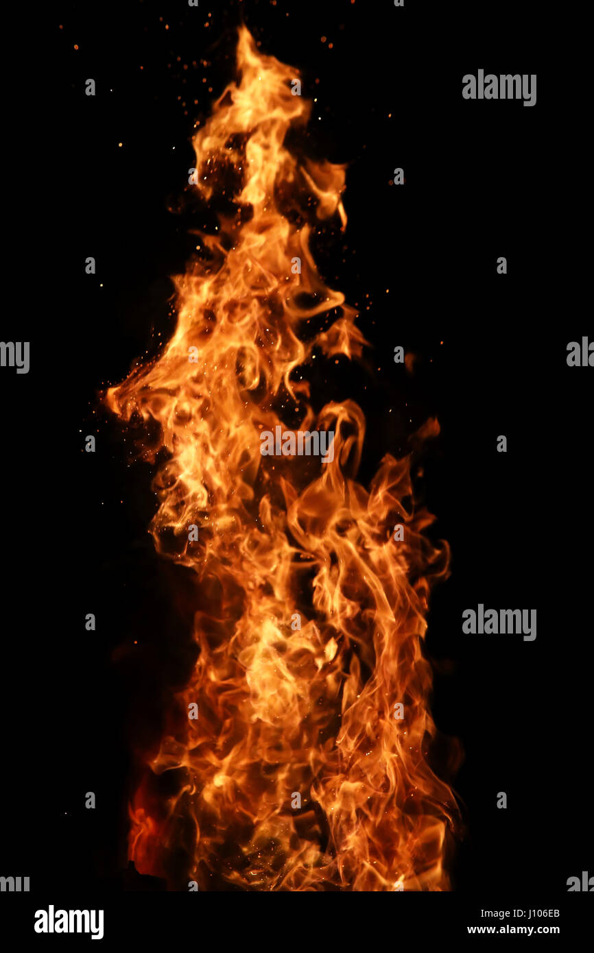 Tongues of flame of fire of orange-yellow color from burning fir Stock ...