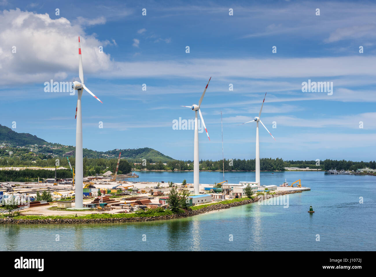 Victoria, Mahe island, Seychelles - December 17, 2015: Wind turbines ...