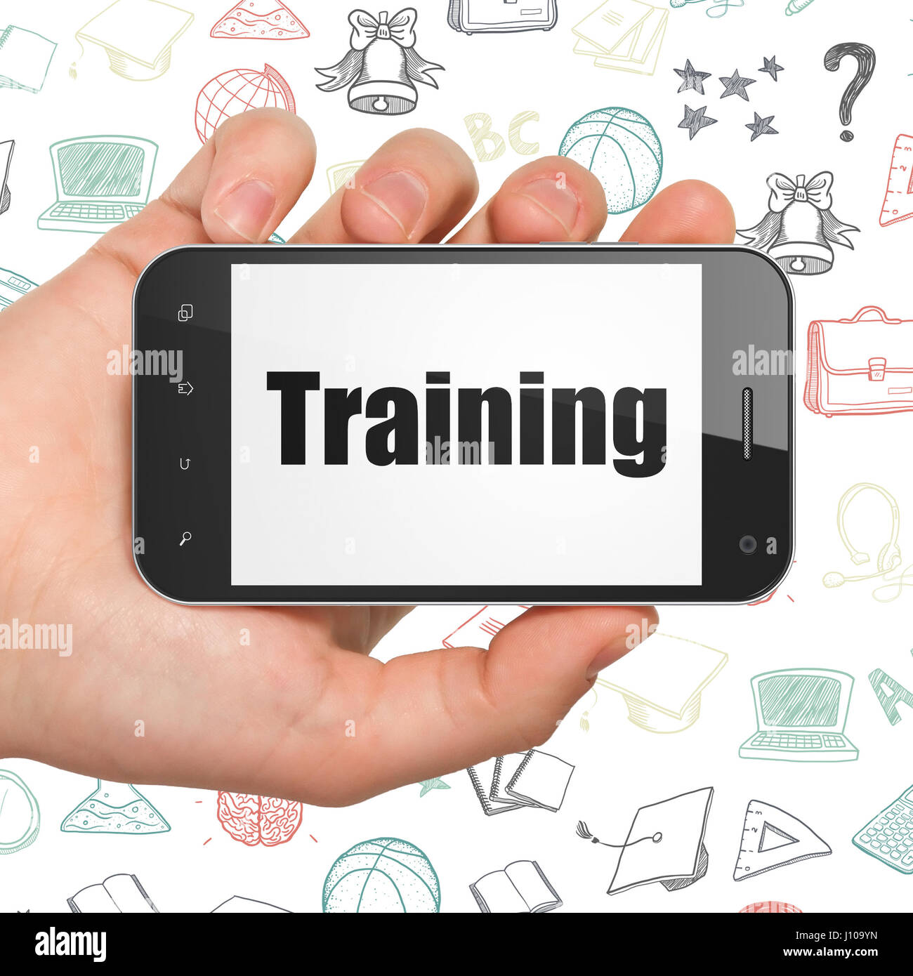 Education concept: Hand Holding Smartphone with Training on display ...