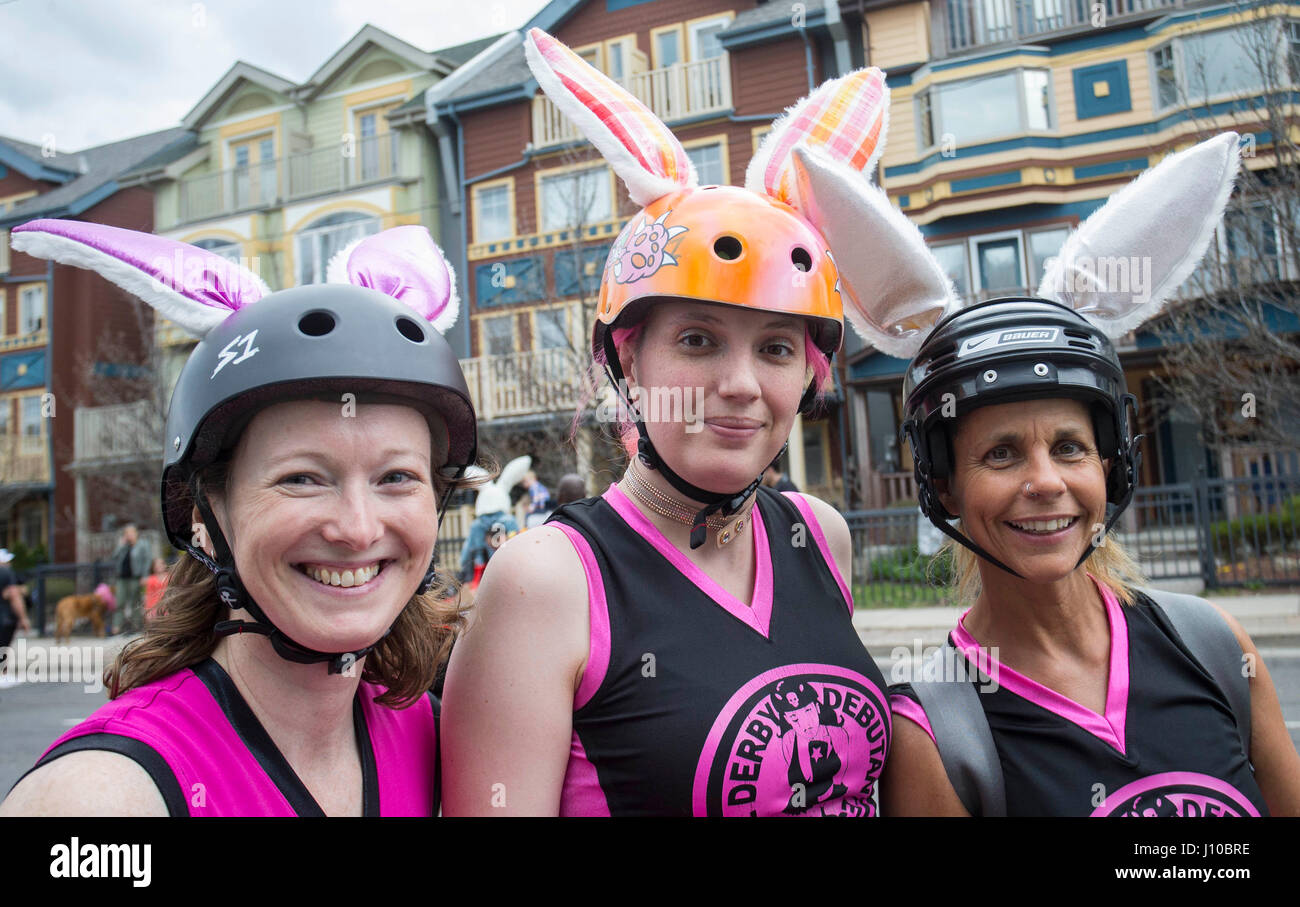 Toronto, Canada. 16th Apr, 2017. Dressed up roller derby skaters pose ...