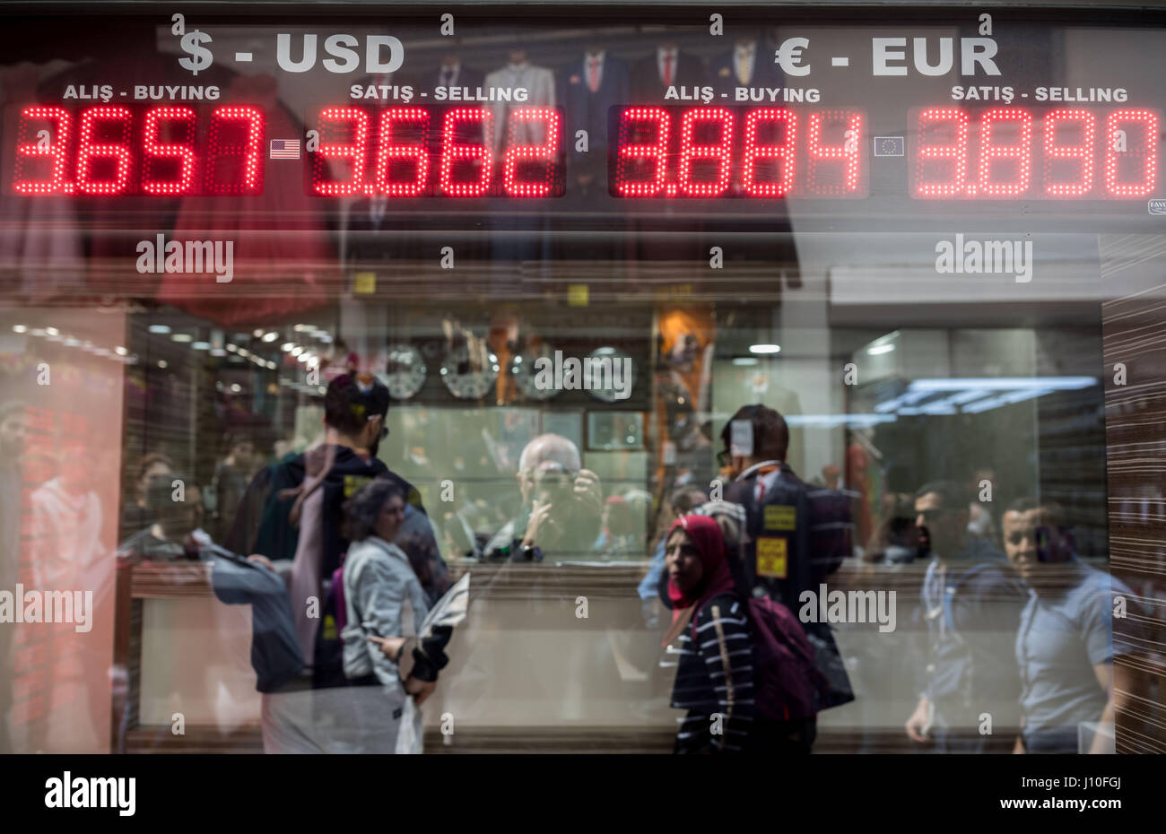 Istanbul, Turkey. 17th Apr, 2017. The window of a currency exchange ...