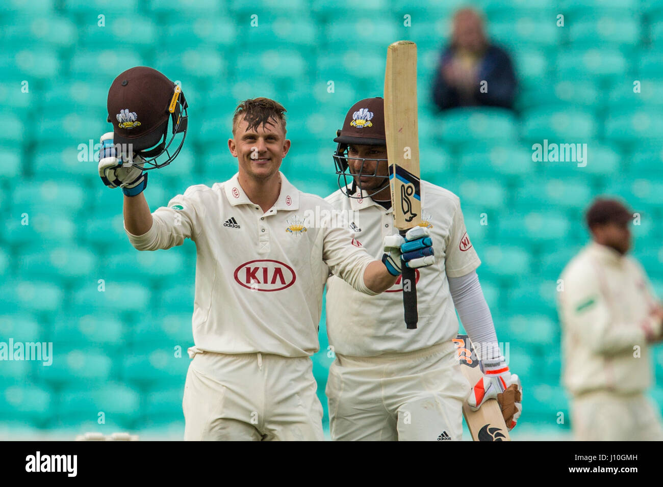 London, UK. 17 April, 2017. Scott Borthwick gets his 100 batting for ...