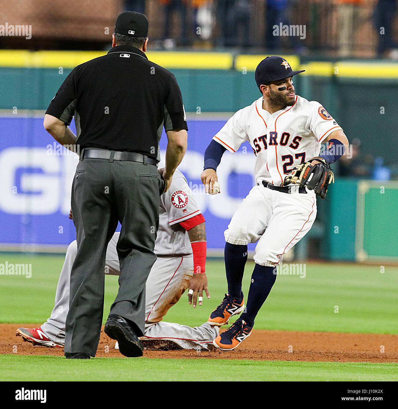 Houston, TX, USA. 17th Apr, 2017. Houston Astros second baseman Jose Altuve (27) turns a double ...