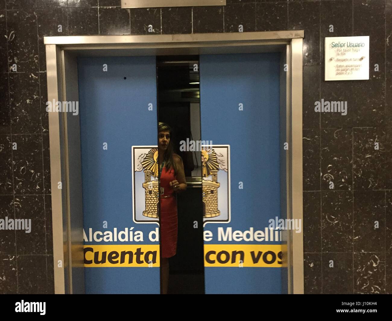 Medellin, Colombia. 7th Mar, 2017. A lift with the city motto 'We're ...