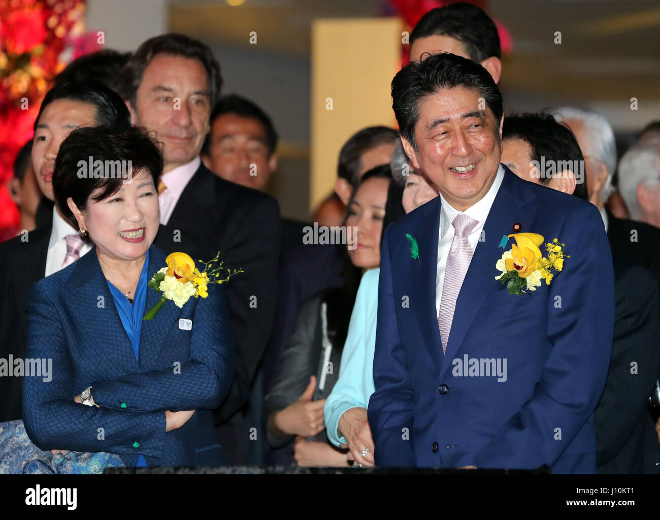 Tokyo, Japan. 17th Apr, 2017. Prime Minister Shinzo Abe (R) smiles with ...