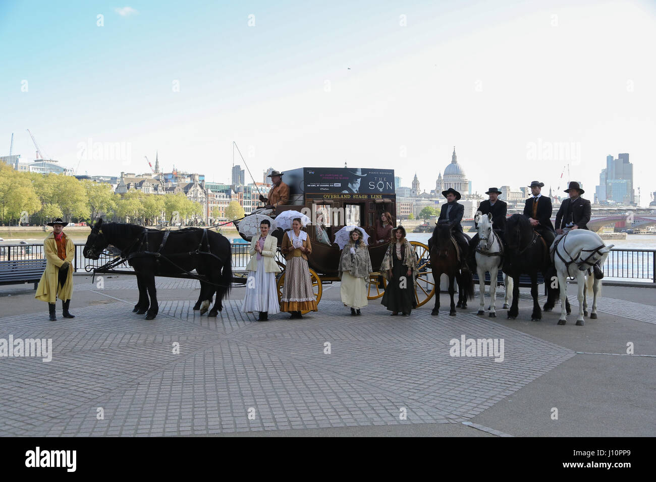 Waterloo. London. UK 18 Apr 2017 - Characters of wild west end cowboys ...