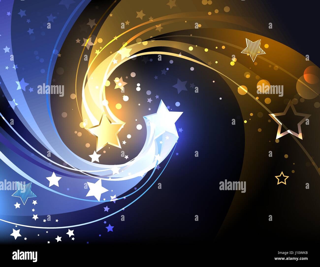 Black, cosmic background with golden and blue stars. Design with stars ...
