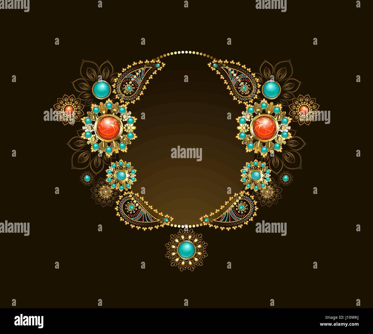 Frame with ethnic gold jewelery inlaid with turquoise and red jasper on ...