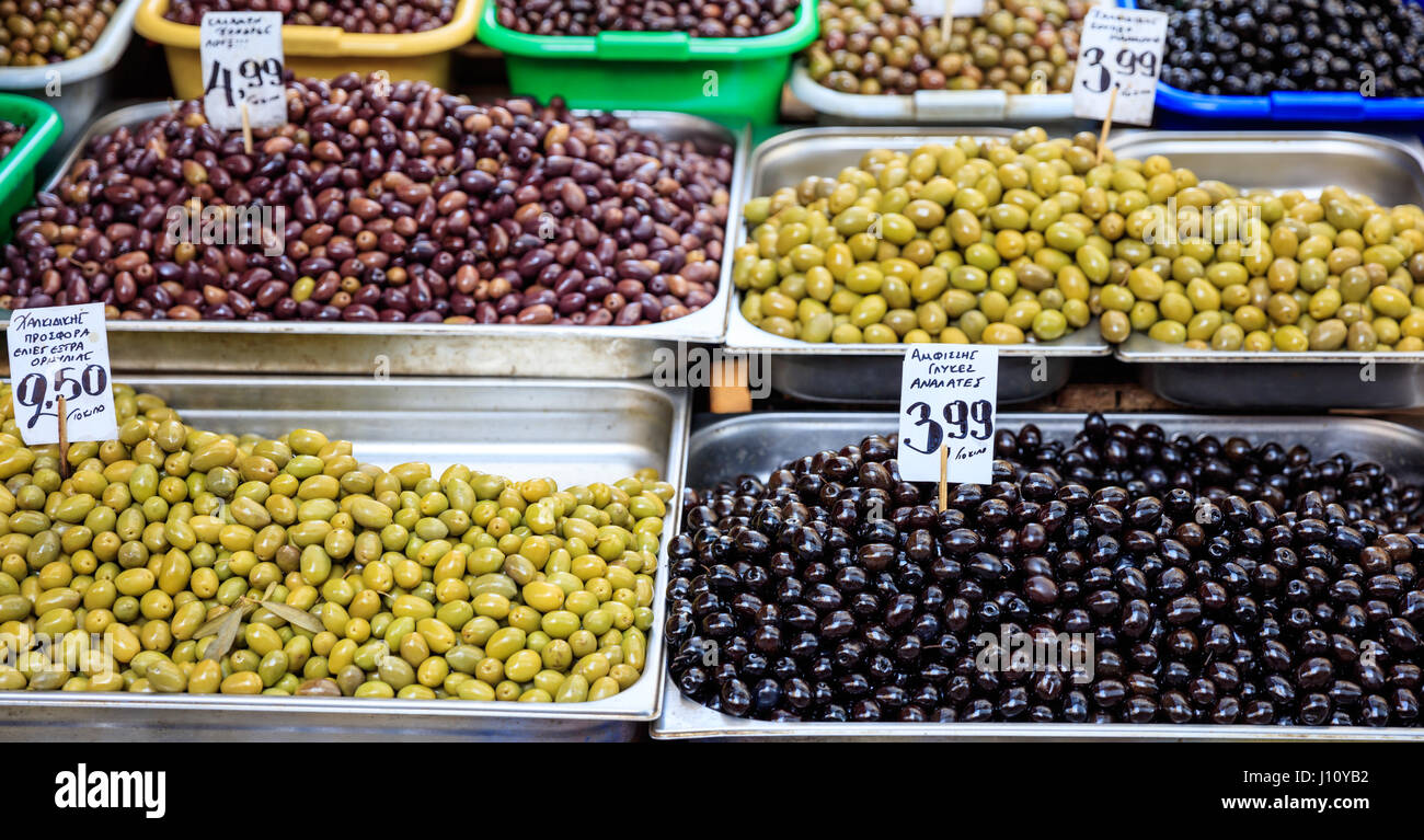 Variety of olives for sale at an open-air market Stock Photo - Alamy